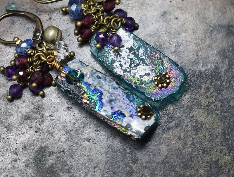 Blue-green silvered Roman glass, heavy garnet, amethyst, kyanite, Herkimer diamond, and ethnic ...