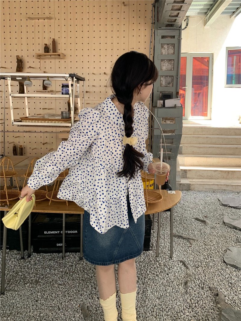 Age-reducing French loose polka dot collar long-sleeved shirt Korean girl lazy - Shop 5!SHUSHU ...