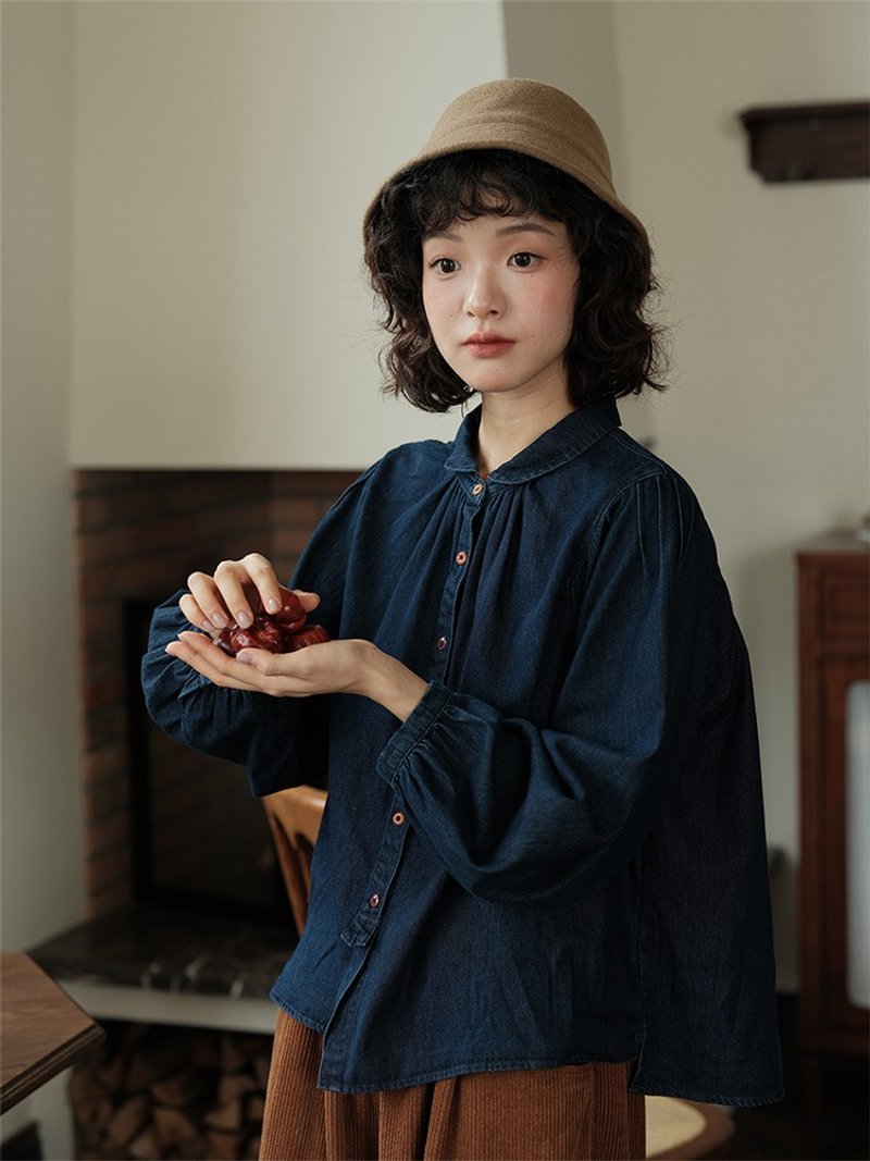 Denim blue baby doll collar top for casual day wear, loose shirt, long-sleeved cotton top for ...