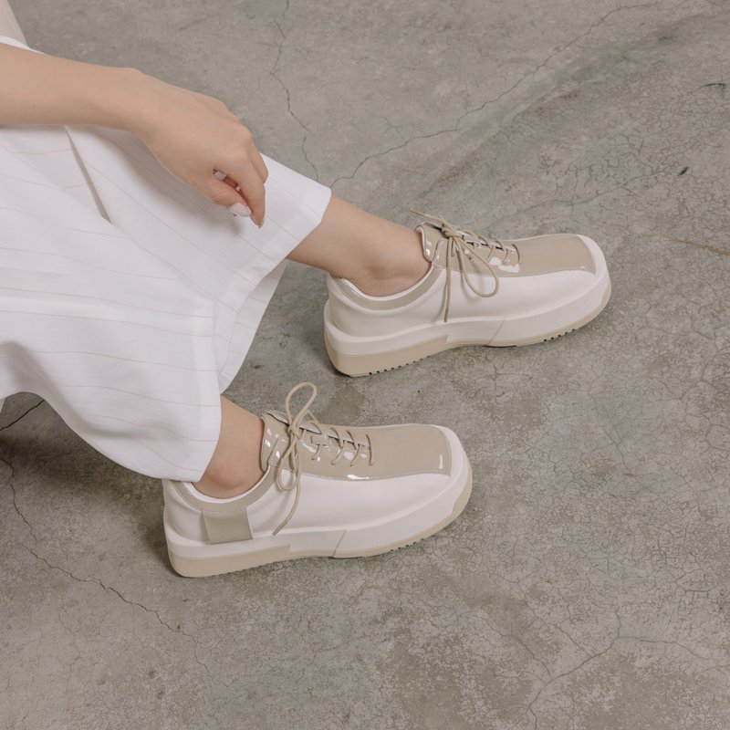 拼接皮-寬頭綁帶厚底鞋-淺卡色 - 設計館 NO216 女休閒鞋/帆布鞋 - Pinkoi