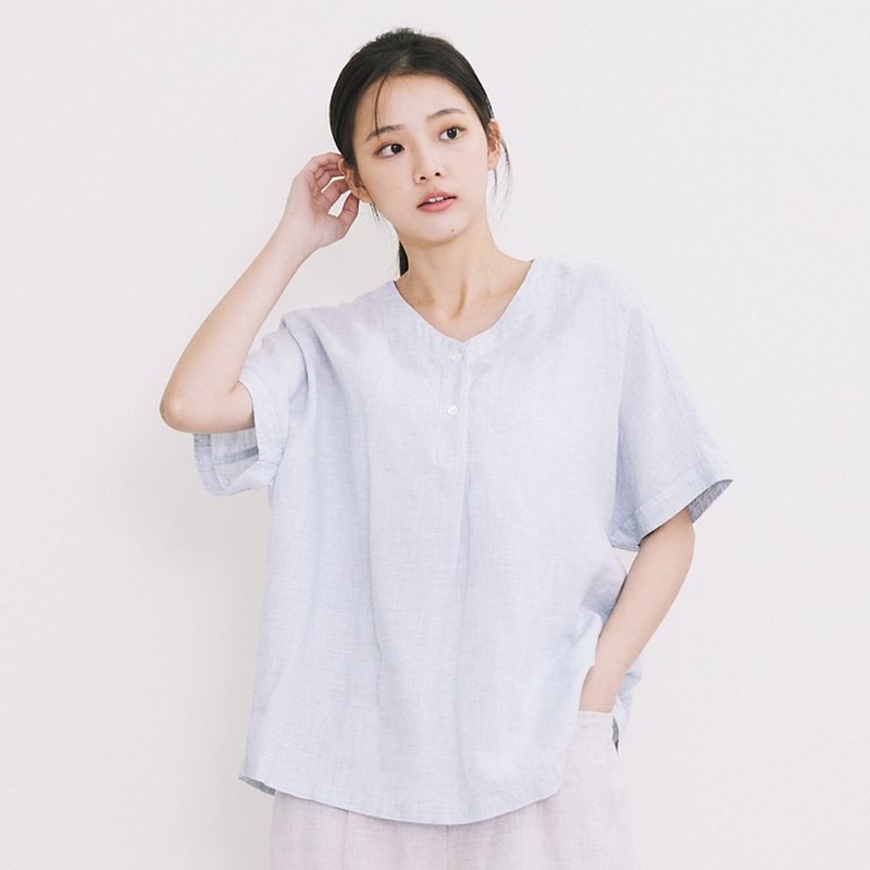 半開襟小格子亞麻上衣 藍F - 設計館 Simply Yours 類似簡約 女上衣/長袖上衣 - Pinkoi