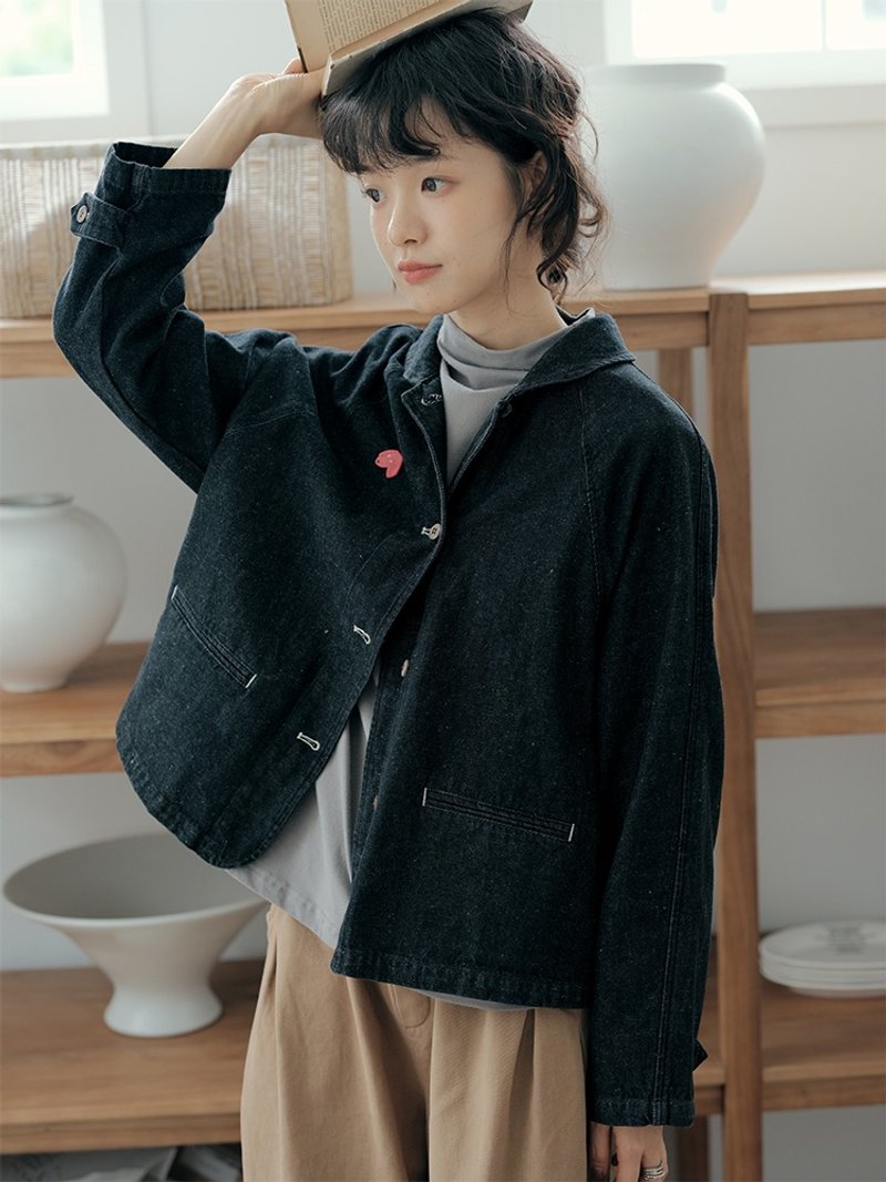 Black doll collar design long-sleeved jacket casual Japanese style loose top autumn - Shop ...