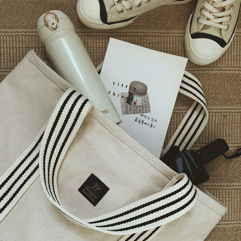 日系MUJI風素色條紋帆布托特包媽咪包單肩包 - 設計館 mingenhandiwork - 側背包,斜背包 | Pinkoi