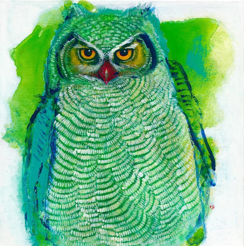 貓頭鷹百福郎畫作 38x38cm 林順雄Sun Lin親筆簽名 - 設計館 樂沐藝術 海報/掛畫/掛布 - Pinkoi