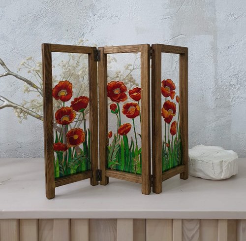 Folding table top screen/divider, wood frame and stained glass ...