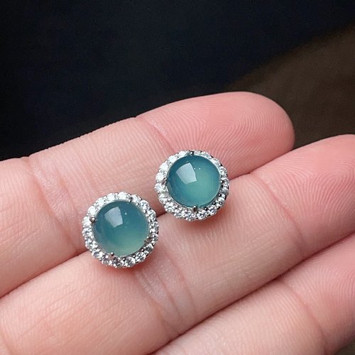 Ice sky blue jade cabochon earrings 925 sterling silver natural jade A goods gift Shop eljewelrybox Earrings Clip ons Pinkoi