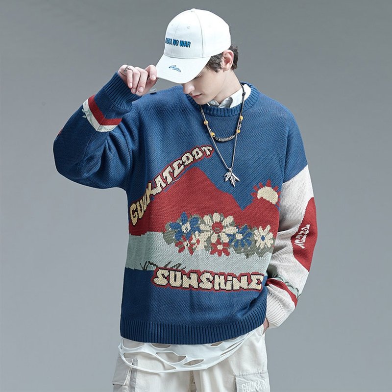 情侶日出提花針織衫上衣 日系圓領毛衣 MUYU｜男毛衣/針織衫人氣榜 - Pinkoi