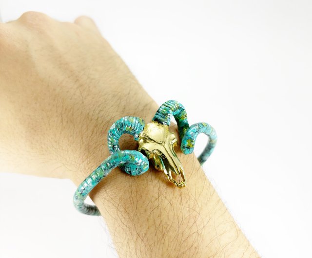 Brass Ram Goat Skull Patina Horns Bangle Bracelet Available in 4 Colourways. Shop MAFIA JEWELRY Bracelets Pinkoi