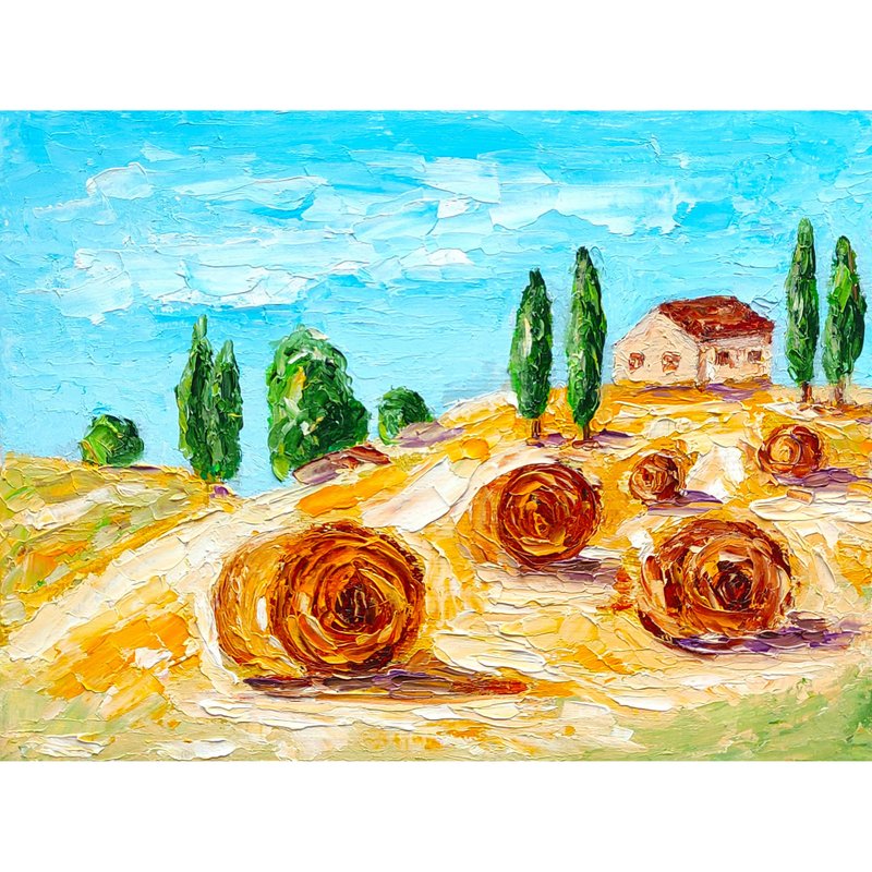 Tuscany Oil Painting Original, Haystack Field Wall Art, Small Landscape ...