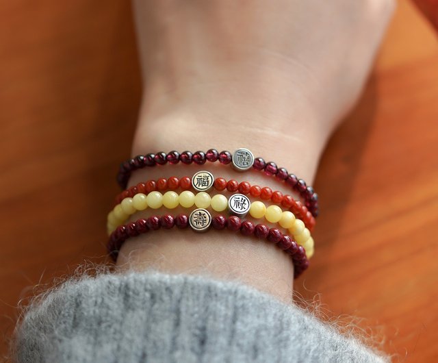 Fu Lu Shou Jubilee Bracelet Future Silver Natural Southern Red Agate Cinnabar Wax Stone Crystal String Jewelry Women Shop VISHI Bracelets Pinkoi