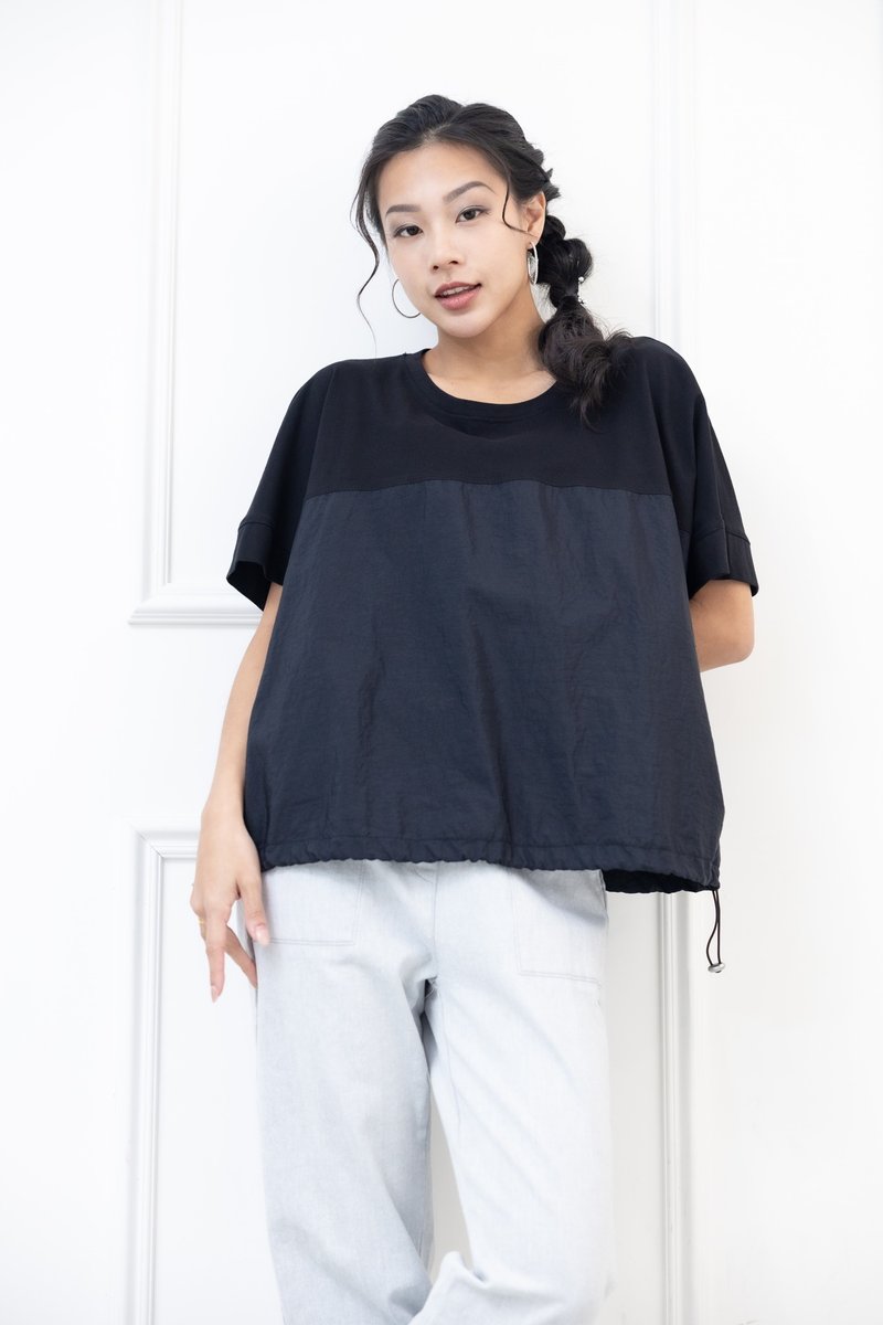 異材質拼接下擺抽繩上衣 黑色 Meya 編縫編織｜女 T 恤人氣榜 - Pinkoi