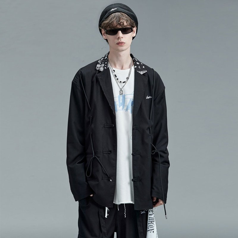 黑色刺繡西裝外套男女腰果花情侶休閑西裝褂子 MUYU｜男西裝外套人氣榜 - Pinkoi