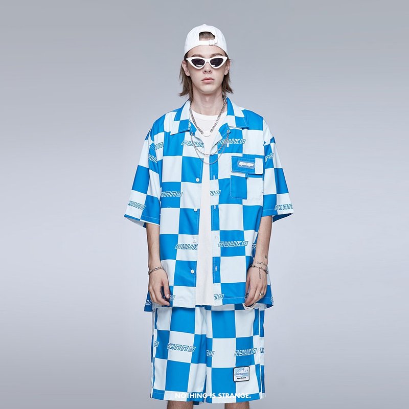 【双 11 限定】藍色棋盤格撞色短袖襯衫套裝男短褲裝兩件套 MUYU｜男襯衫/休閒襯衫人氣榜 - Pinkoi