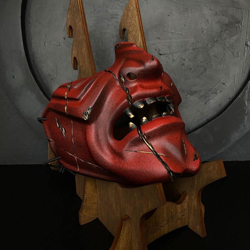 Samurai Mempo Mask, Japanese Oni Half face Mask, Red Ghost of Tsushima ...