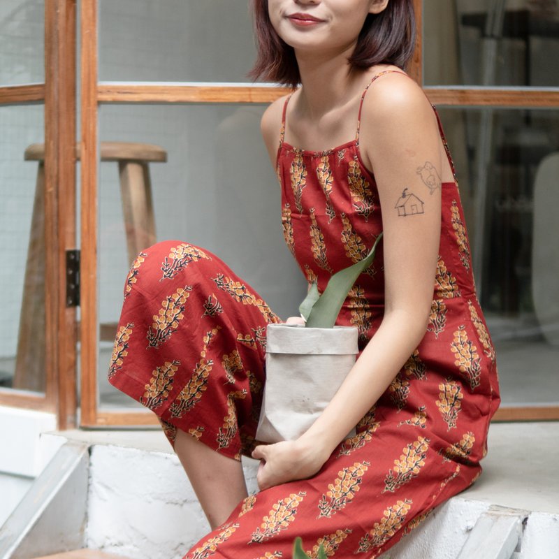 印度蓋染工藝純棉 吊帶褲 連身褲 - 金魚草紅 Tramper｜吊帶褲/連身褲人氣榜 - Pinkoi