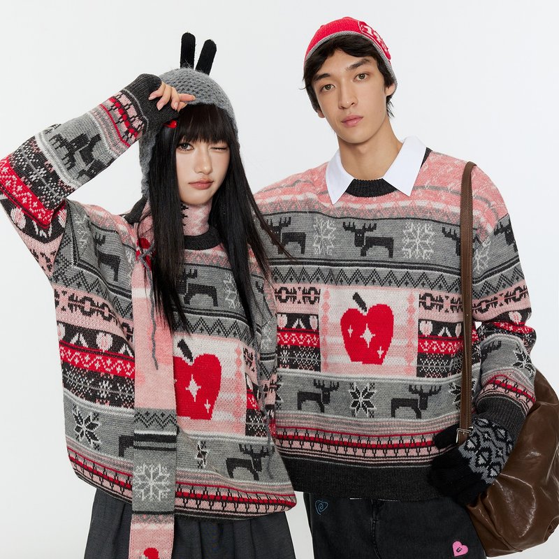 情侶聖誕毛衣綿羊毛衫 冬季蘋果提花費爾島針織衫 MUYU｜男毛衣/針織衫人氣榜 - Pinkoi