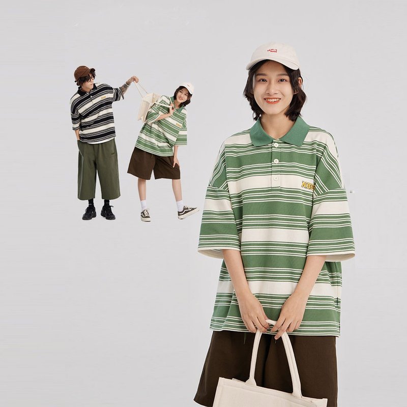 【双 11 限定】撞色條紋polo衫情侶針織短袖寬松繡花T恤 MUYU｜女 T 恤人氣榜 - Pinkoi