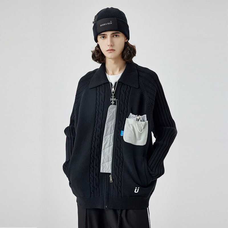 黑色開衫毛衣男士冬季扭麻花針織外套 - 設計館 MUYU 男毛衣/針織衫 - Pinkoi