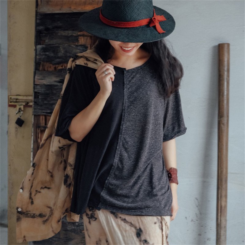 雪花黑 錯落拼色毛邊漢麻棉T恤 短袖上衣 NAMSAN 南山草木染｜女 T 恤人氣榜 - Pinkoi