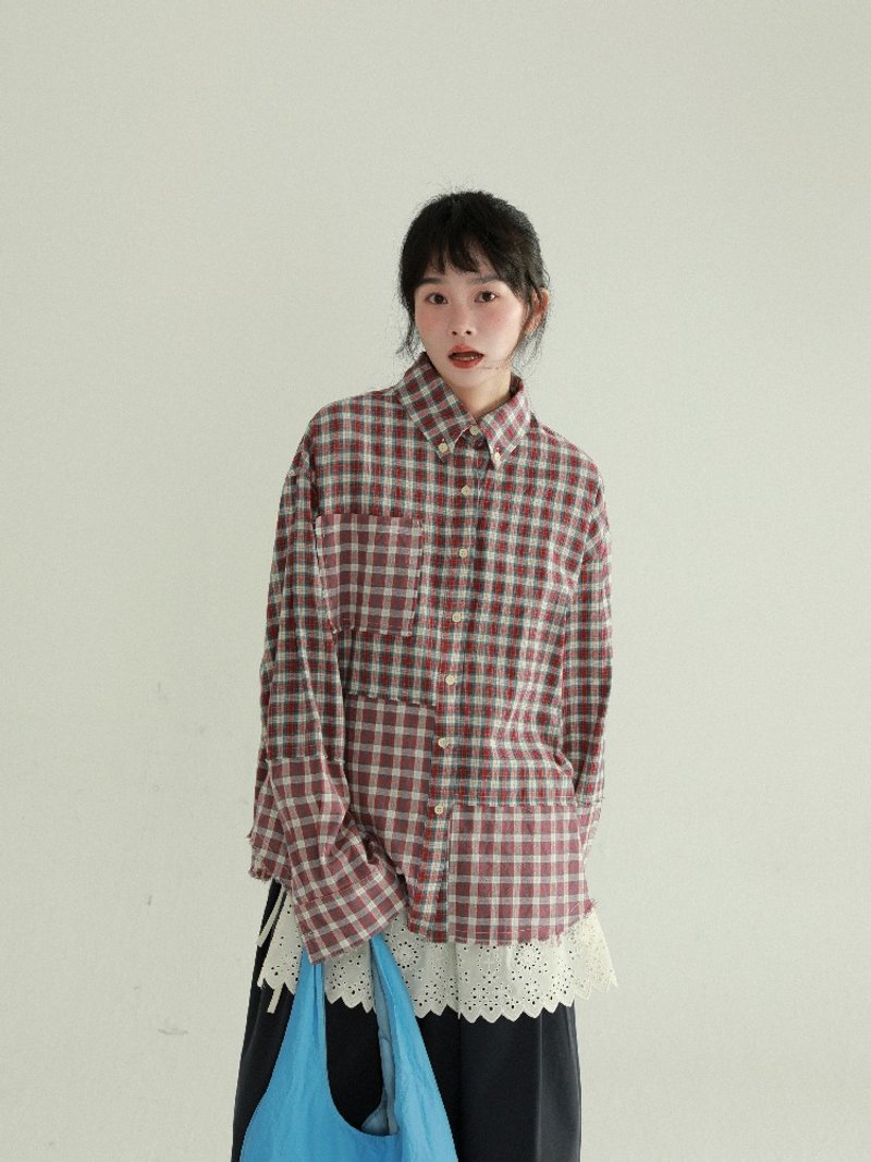 紅藍格子 拼接不規則襯衫 文藝寬鬆休閒百搭疊穿襯衣 EPICRARE｜女襯衫人氣榜 - Pinkoi