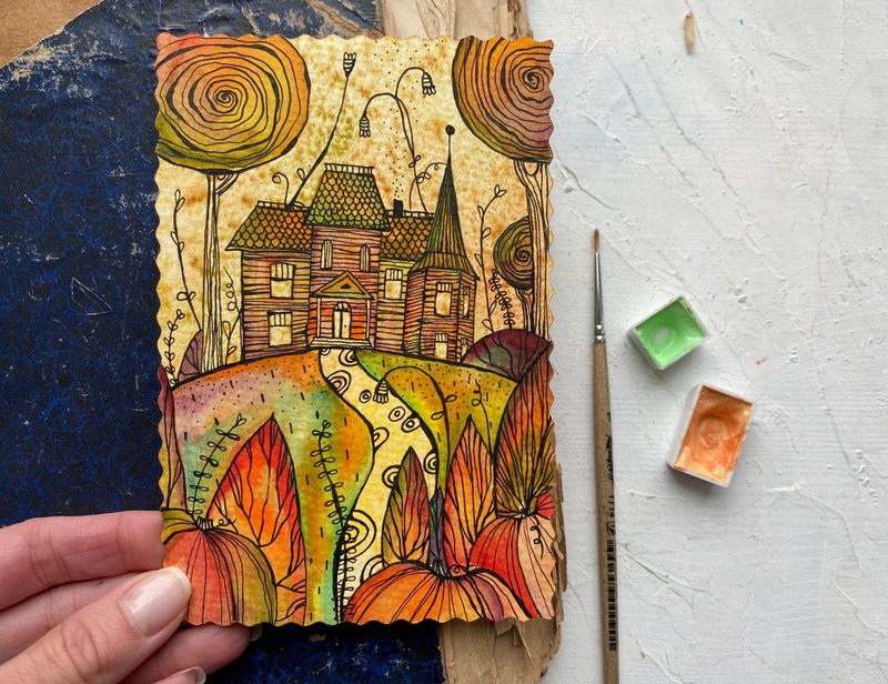 Castle painting Mini Original watercolor card Autumn artwork Miniature art Rubinova Art｜海報/掛畫/掛布 ...