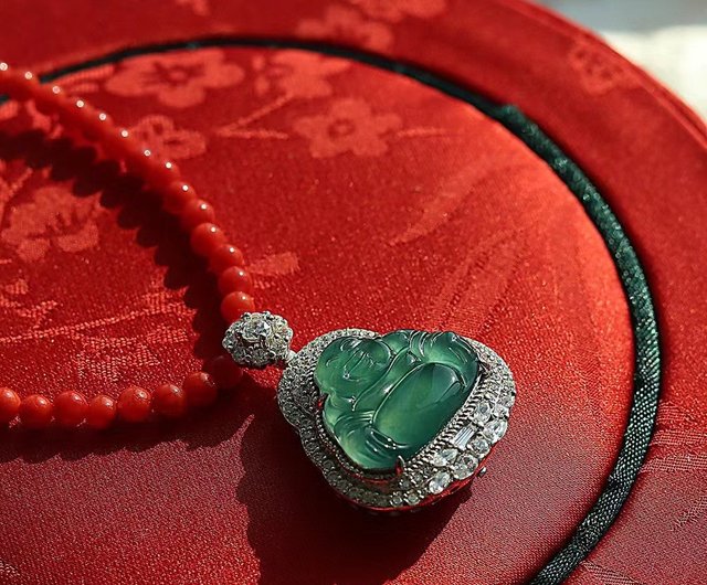 Natural A grade Jade Buddha Pendant Southern Red Agate Clavicle Chain Necklace Jade Happy Buddha Silver Thick Inlay Shop Sri Yantra Collar Necklaces Pinkoi