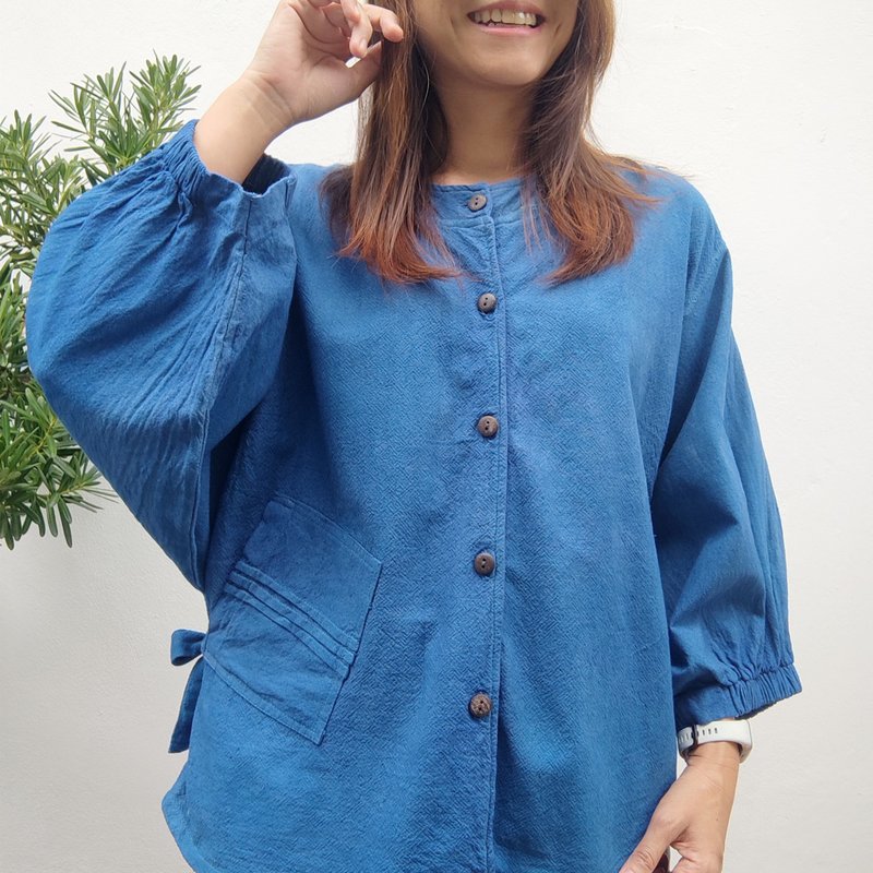 Bow Pocket Long Sleeves Indigo Blouse hug-fai-hug-d｜女上衣/長袖上衣人氣榜 - Pinkoi