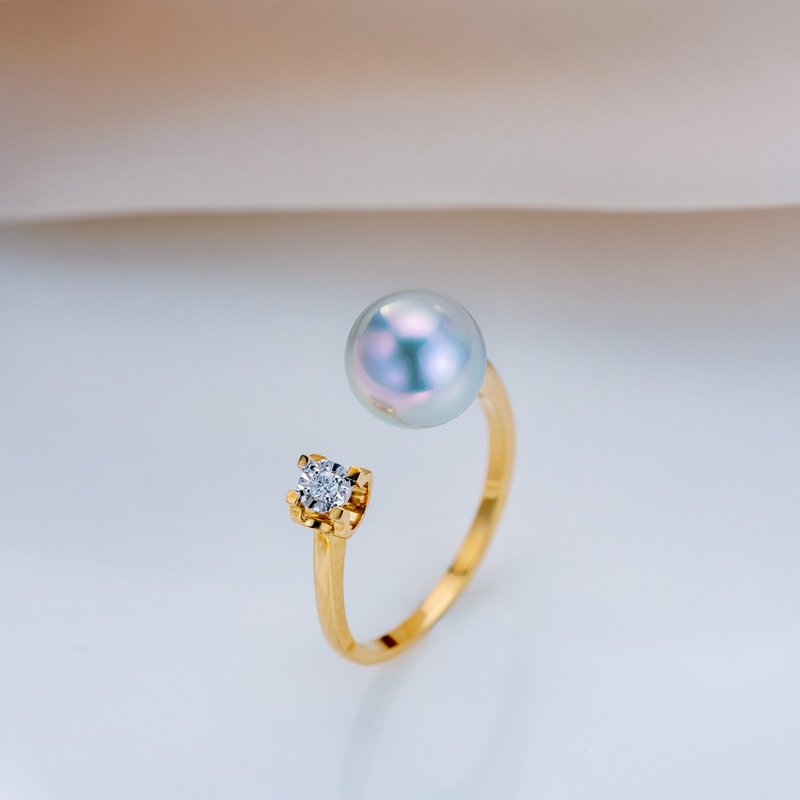 Akoya 銀藍色 皇妃貴族 18K黃金 鑽石戒指 Olina Pearl｜戒指人氣榜 - Pinkoi
