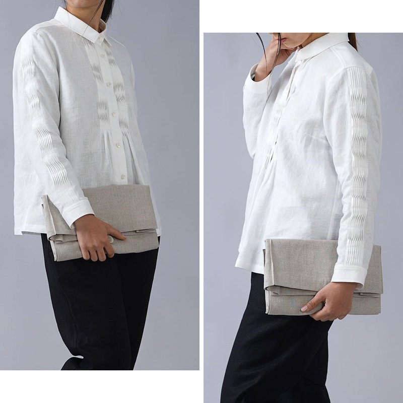 M size - wafu - 亞麻女裝襯衫 Lightweight Linen Wave Tucks Blouse / White ...