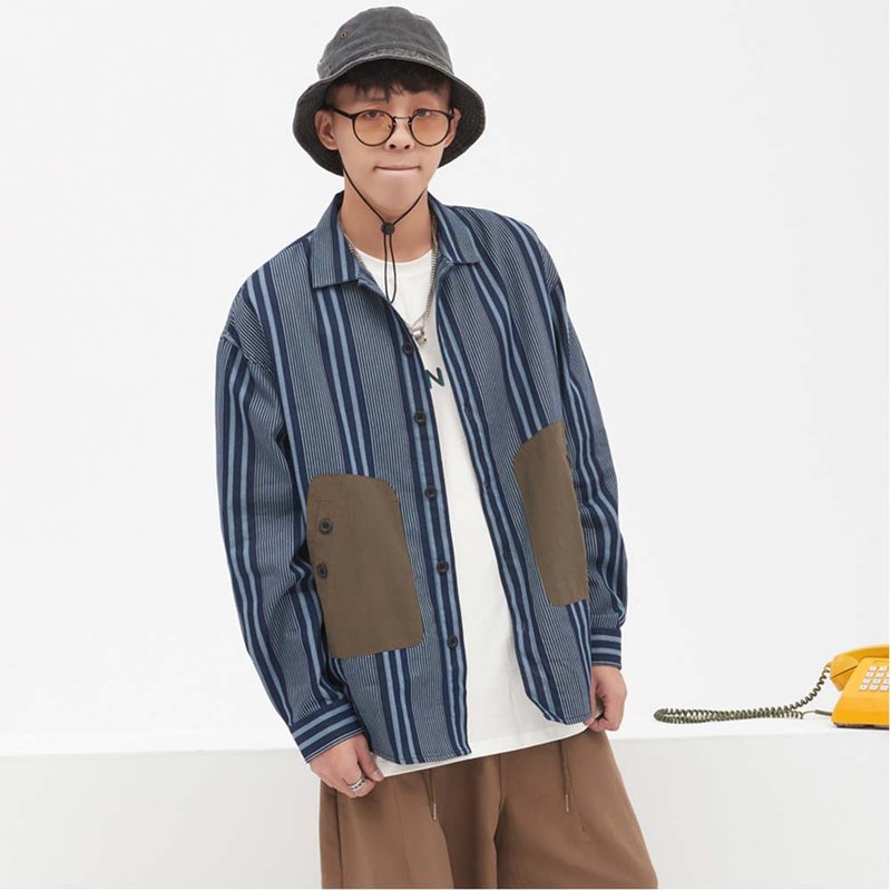 【雙 11 限定】日系復古條紋拼接口袋外套上衣純棉休閑襯衫 MUYU｜男襯衫/休閒襯衫人氣榜 - Pinkoi