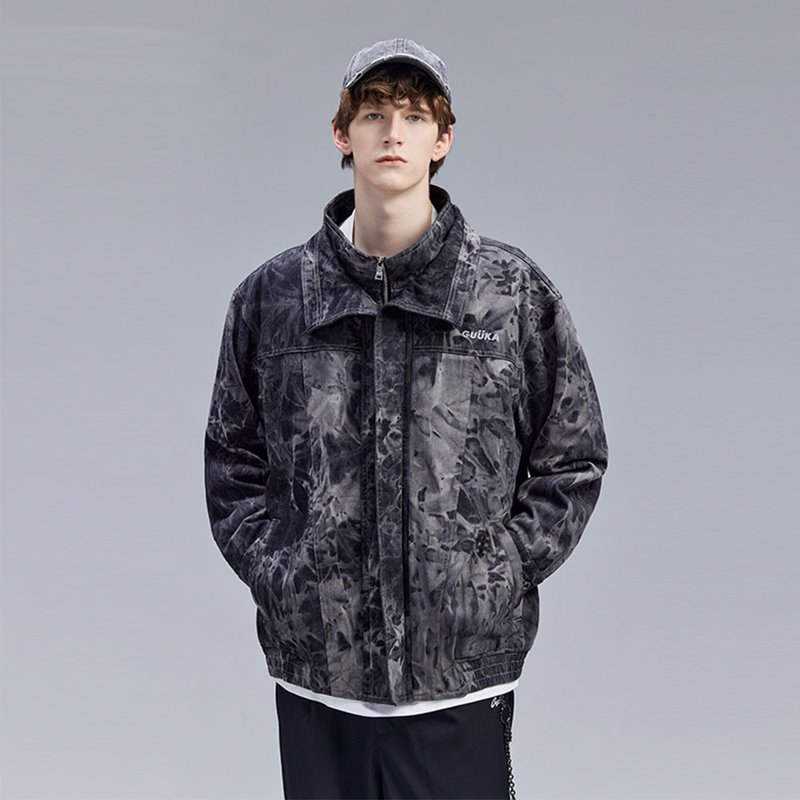 黑色紮染牛仔夾克男 秋装復古外套 MUYU｜男夾克/外套人氣榜 - Pinkoi