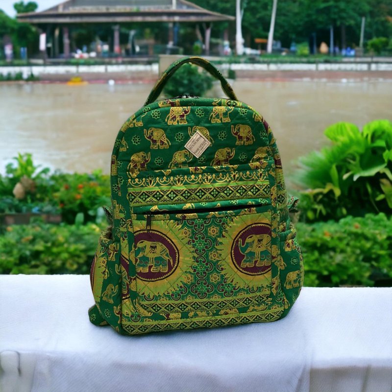 Backpack, Thai fabric, elephant pattern, green, children's backpack ...