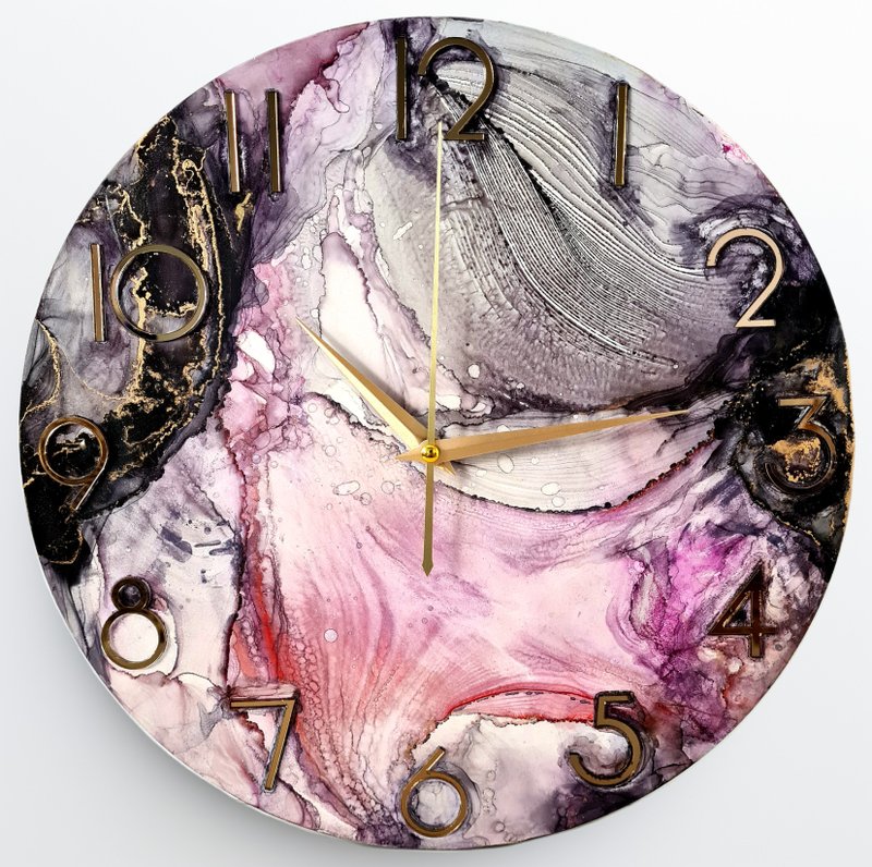 Black pink wall clock Ink art clock Unique clock Silent clock Handmade ...