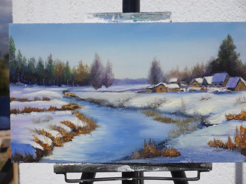 Winter Forest Painting Landscape Original Art Winter River Bank Scene Artwork AngelicaFineArtTR ...