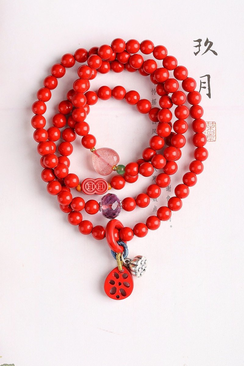 天然原礦硃砂精品紅砂108顆佛珠手鏈 項鏈兩用款含量95%以上6mm 水墨｜手鍊/手環人氣榜 - Pinkoi