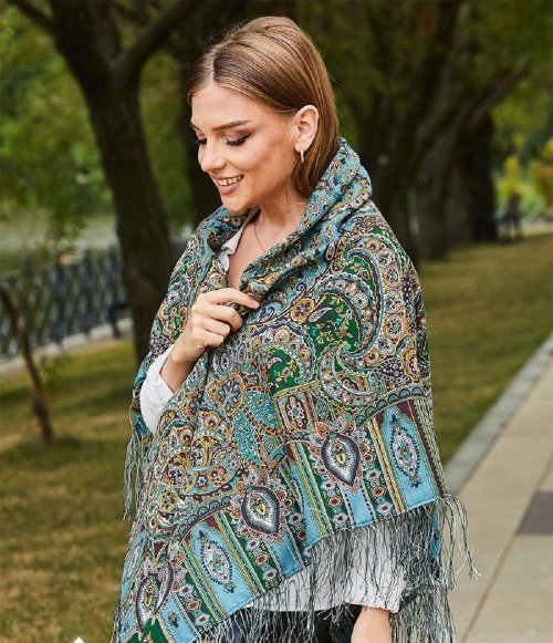 Pavlovo Posad Russian Shawl 100% Wool Scarf 125x125 cm Wrap Silk Fringe 598-52 - 設計館 PAVLOVO ...