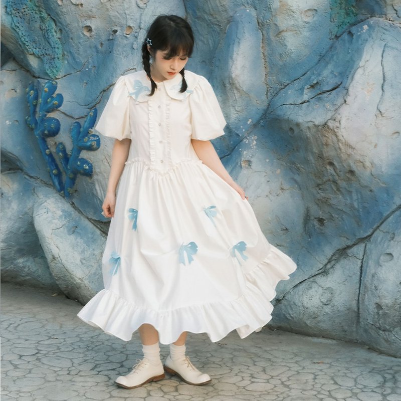 Meugler牛稠島 動物天堂 海豚公主蝴蝶結白色泡泡袖刺繡連衣裙 - 設計館 Meugler牛稠岛 洋裝/連身裙 - Pinkoi