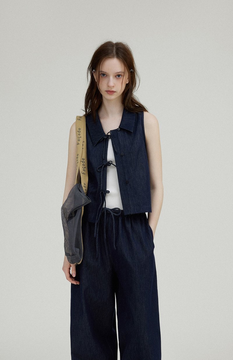 Vintage 水洗復古牛仔蝴蝶結背心 牛仔褲套裝 Letm｜女襯衫人氣榜 - Pinkoi