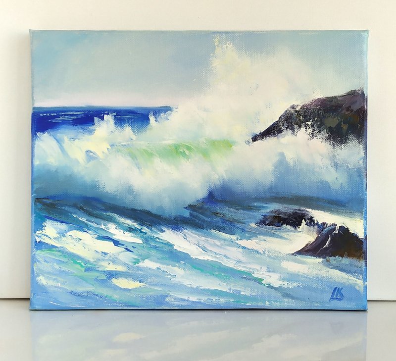 Big Wave Painting Sea Blue Wave Art Stone Shore Wall Art Rocky Coast Painting Oil Painting Gift ...