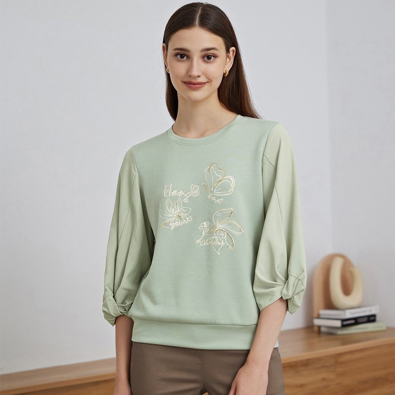 ILEY floral butterfly embroidered chiffon hand-sleeved elastic top ...