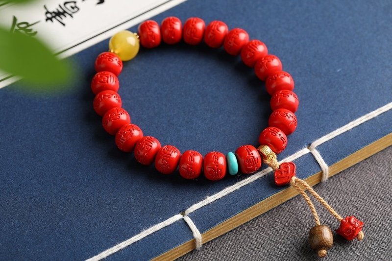 天然原礦硃砂精品紅砂六字真言老型珠手鏈 - 設計館 水墨 手鍊/手環 - Pinkoi