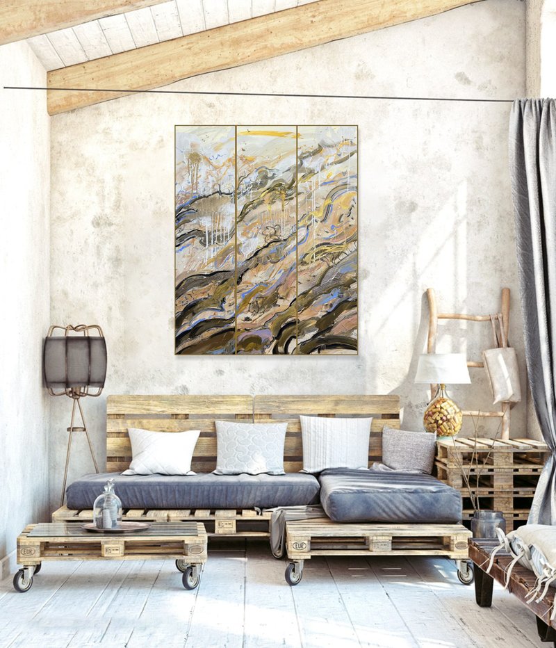 Large Abstract Triptych Art Wabi Sabi Painting Neutral Earth Tones with Gold TrendGallery｜壁貼/牆壁 ...