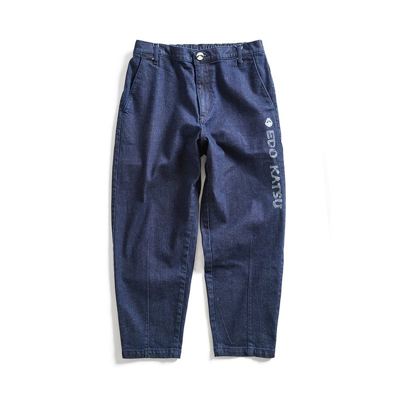 江戶勝 日系 男裝 海浪紋路印花丹寧鐘型褲(原藍色) #褲子 江戶勝 EDOKATSU｜男長褲/休閒褲人氣榜 - Pinkoi