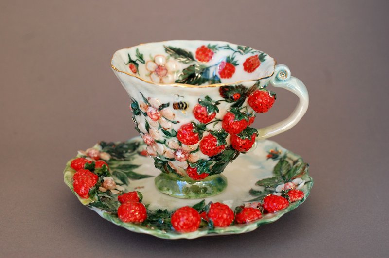 Berries cup and saucer set Raspberry decor Porcelain tea set Made to ...