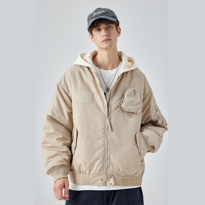 杏色連帽飛行員夾克棉服 冬季戶外運動棉衣外套 MUYU｜男夾克/外套人氣榜 - Pinkoi