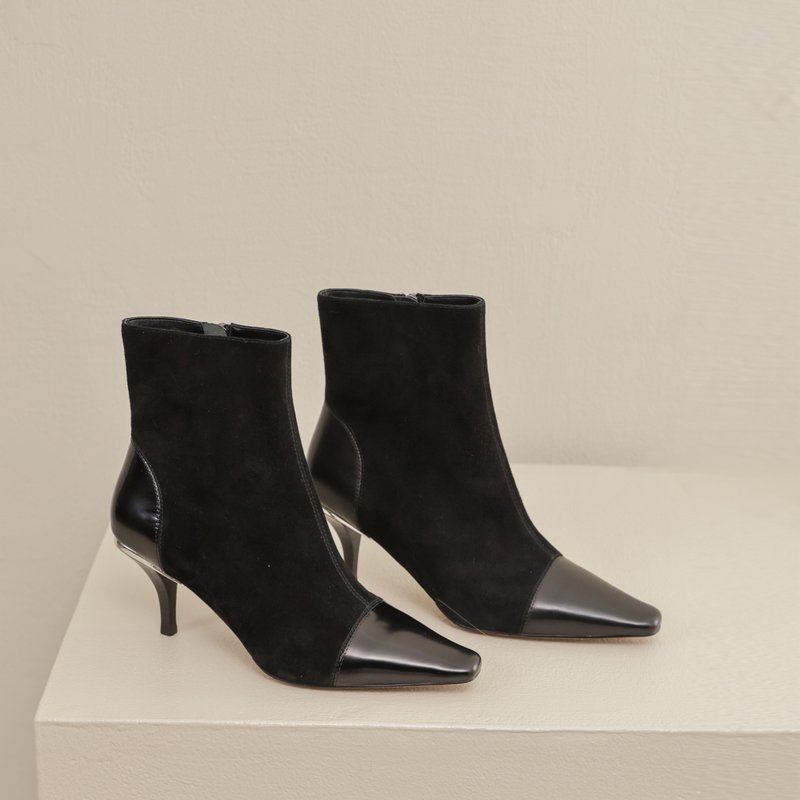 異材質拼接-尖頭細跟短靴-亮皮色 NO216｜女短靴/中筒靴人氣榜 - Pinkoi