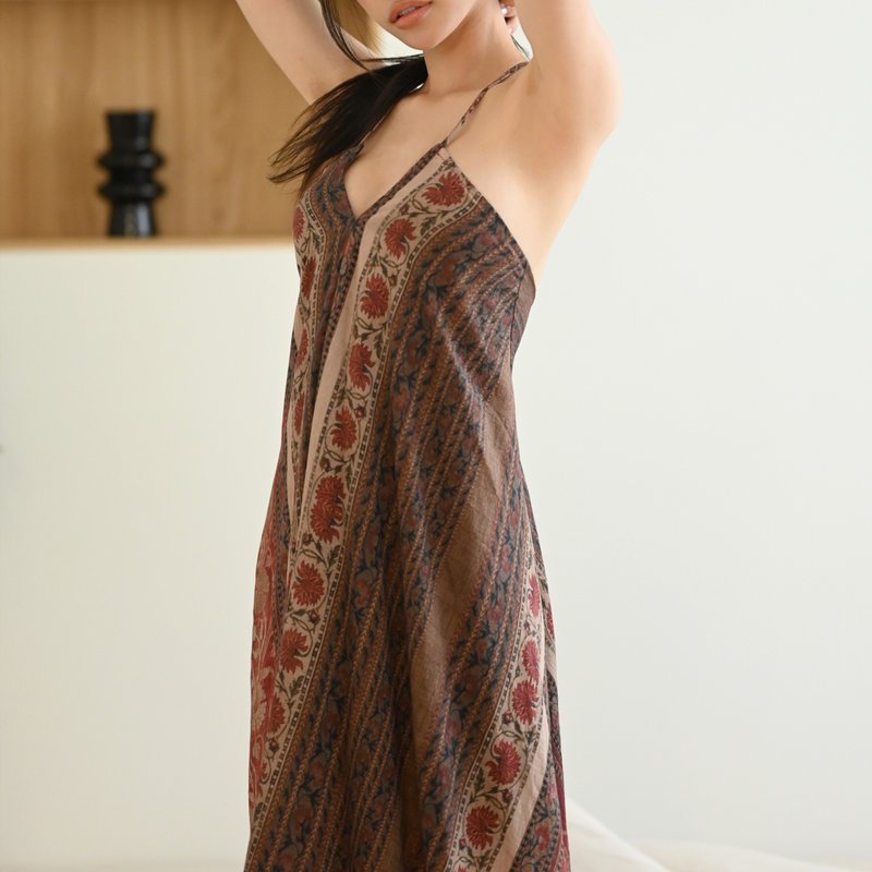 波西迷亞印花感-夏季細帶連身洋裝-紅棕色 NO216｜洋裝/連身裙人氣榜 - Pinkoi
