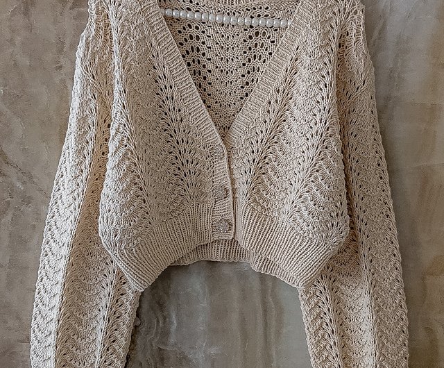 Cropped lace knit cardigan in cotton Puff sleeve oversized Cropped lace knit cardigan in cotton Puff sleeve oversized