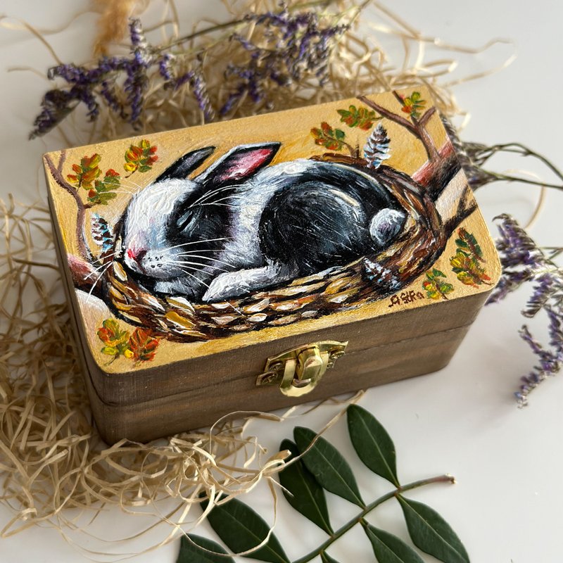 Hand-painted wooden box Rabbit, Mini storage box Bunny, Jewelry box ...