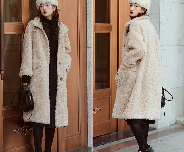 Stand-up collar leather loop single-breasted mid-length fur Stand-up collar leather loop single-breasted mid-length fur